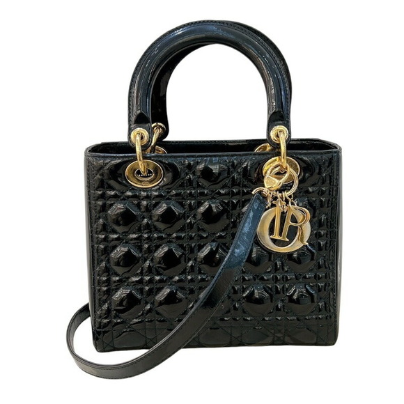 Dior | Bags | Christian Dior Lady Delight Medium Black Patent Cannage ...